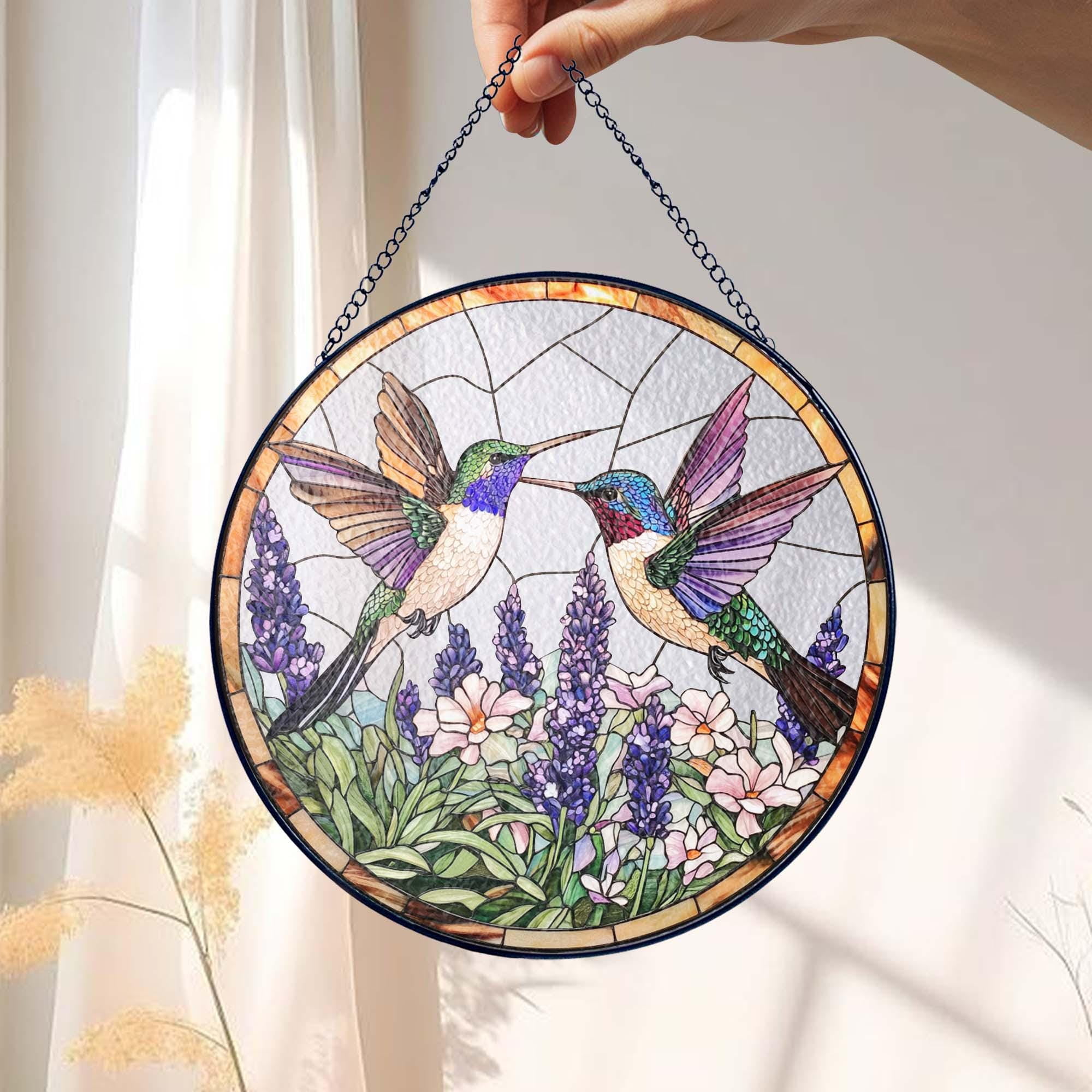 Hummingbirds & Lavender Flowers Suncatcher Stained-Glass-Style Acrylic ...
