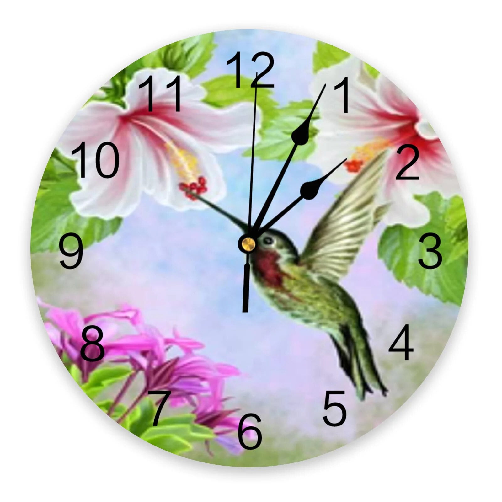 Hummingbirds Near White Hibiscus Wall Clock Large Modern Kitchen ...