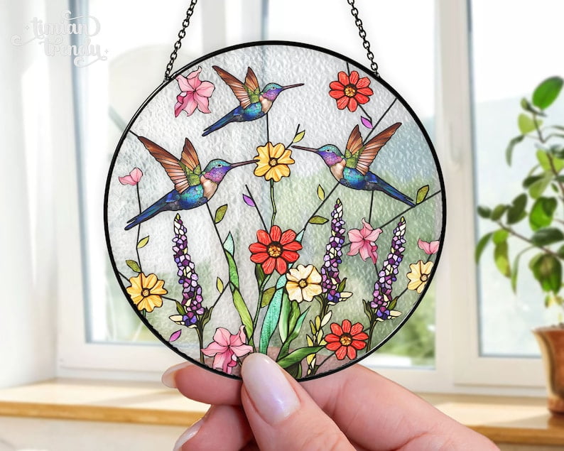 Hummingbirds Stained Glass Suncatcher, Indoor Home Decor, Wildflowers Window Hanging, Gifts for ...