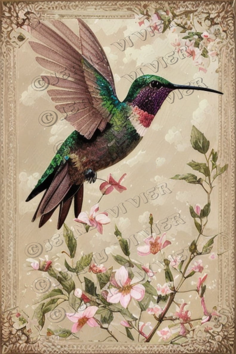 Hummingbirds Wall Art Print Metal Tin Signs - Vintage Birds with Flower ...