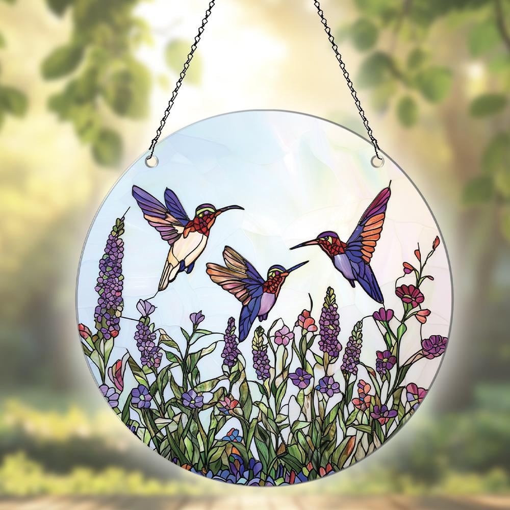 Hummingbirds With Flowers Garden Acrylic Suncatcher Window Hanging ...