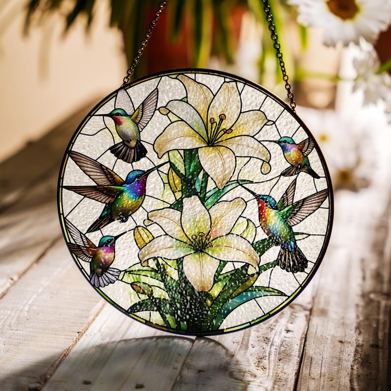 Hummingbirds and Easter Lily Glass Suncatcher, Easter Day Celebration ...