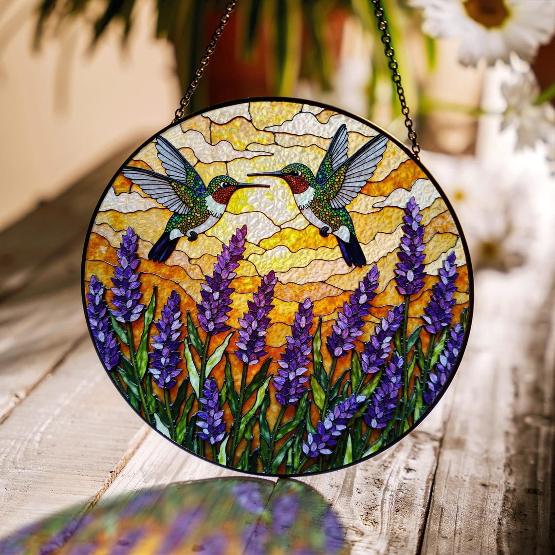 Hummingbirds and Lavender Field Glass Suncatcher, Window Decor, Garden ...