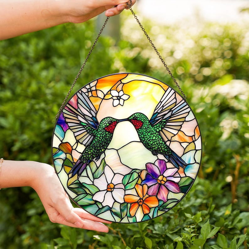 Hummingbirds and Wild Flowers Stain Glass Suncatcher, Glass Window ...