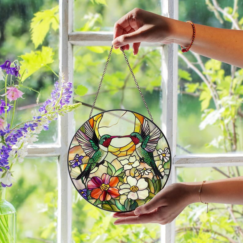 Hummingbirds and Wild Flowers Stain Glass Suncatcher, Glass Window ...
