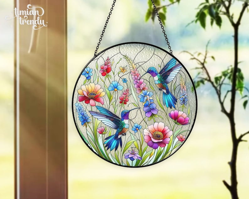 Hummingbirds and Wild Flowers Stained Glass Suncatcher, Wildflower Window Hanging, Colorful ...