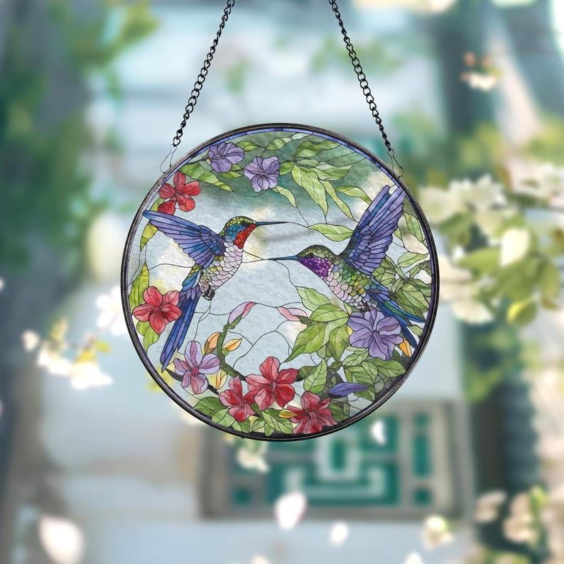 Hummingbirds and Wild Flowers Suncatcher, Hummingbird Lovers, Window ...