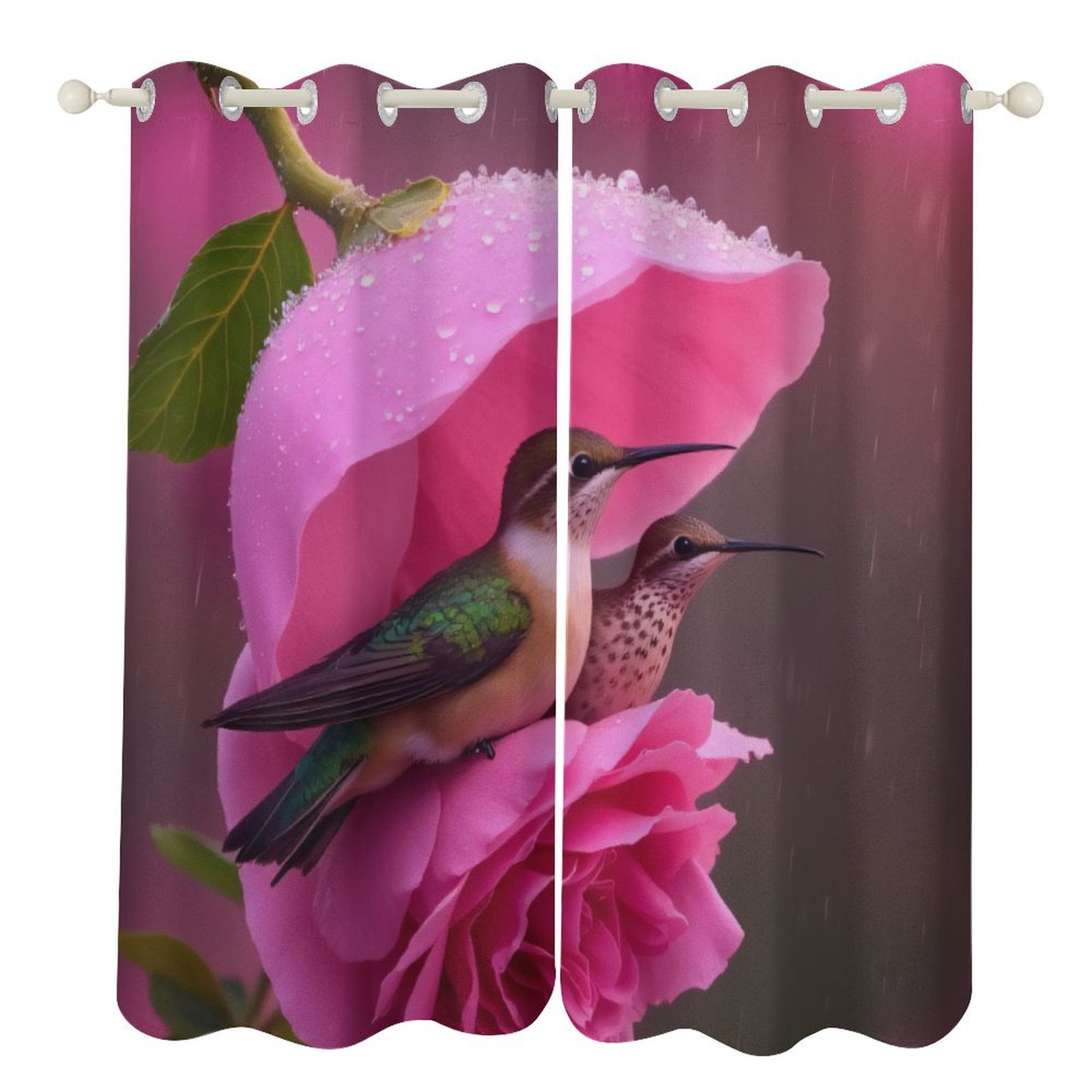 Hummingbirds in Rain on Pink Rose Blackout Window Curtains for Bedroom ...