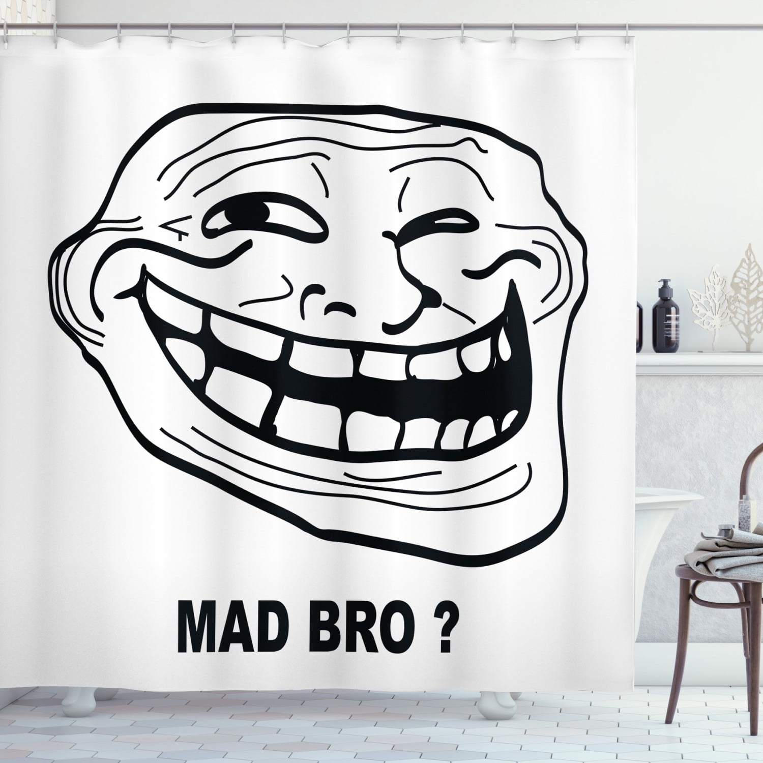 Humor Decor Shower Curtain, Cartoon Style Troll Face Guy for Annoying ...