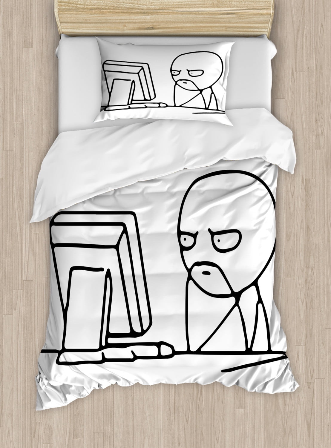 Humor Duvet Cover Set Twin Size, Stickman Meme Face Icon Looking at ...