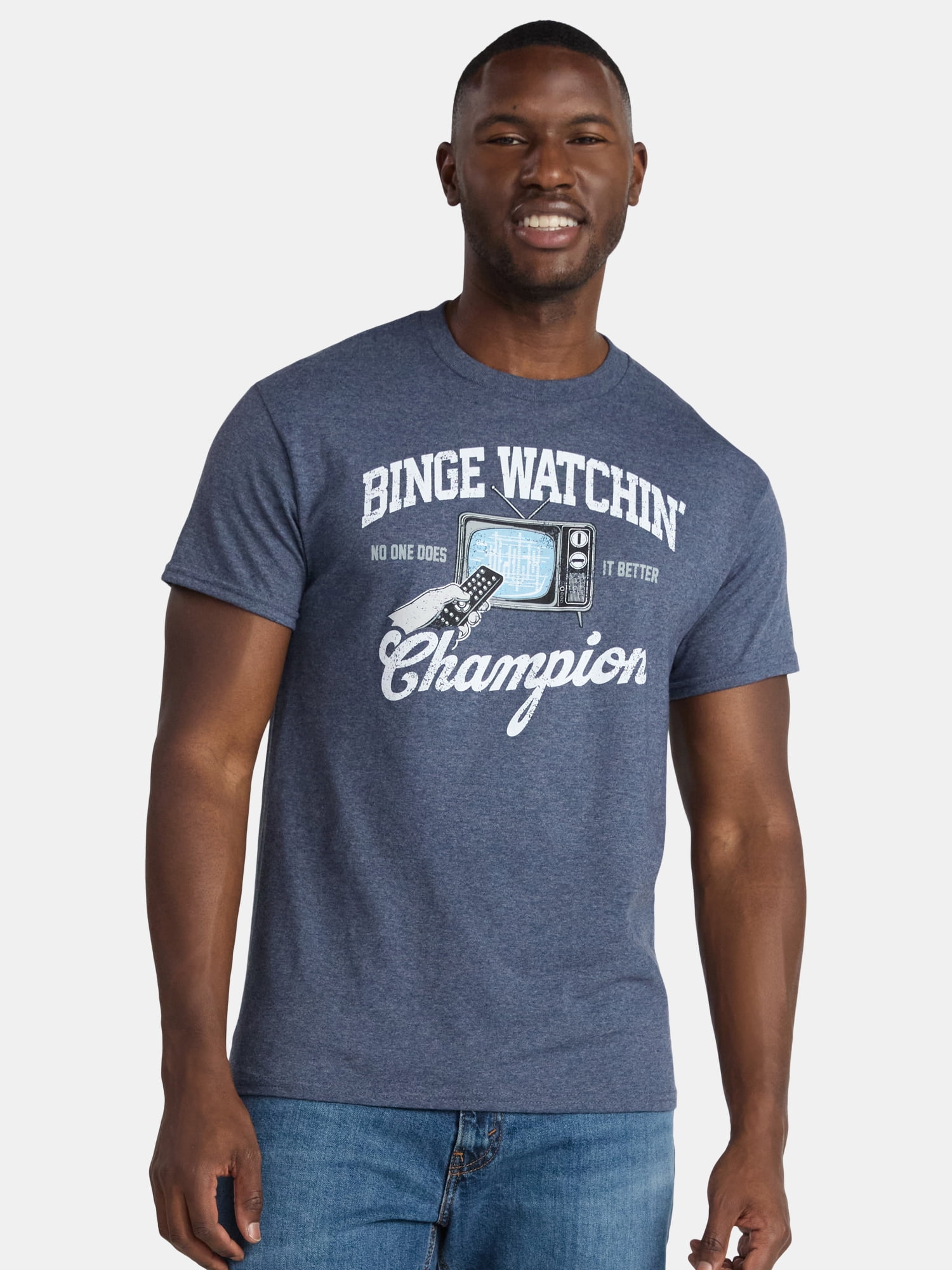 Humor Men's and Big Men's Binge Watchin' Champion Graphic Tee, Size S ...