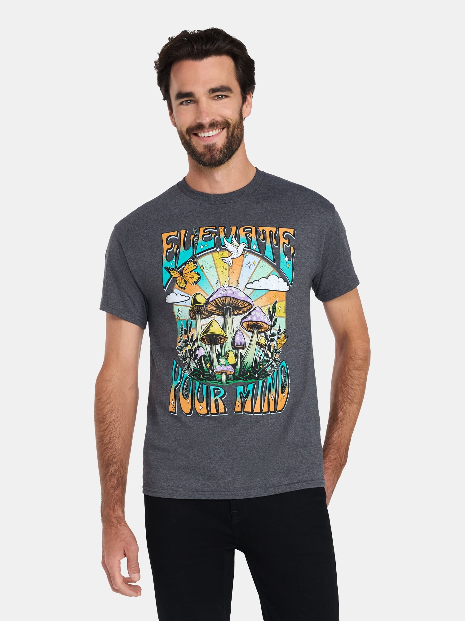 Humor Men's and Big Men's Elevate Your Mind Mushroom Graphic Tee with ...