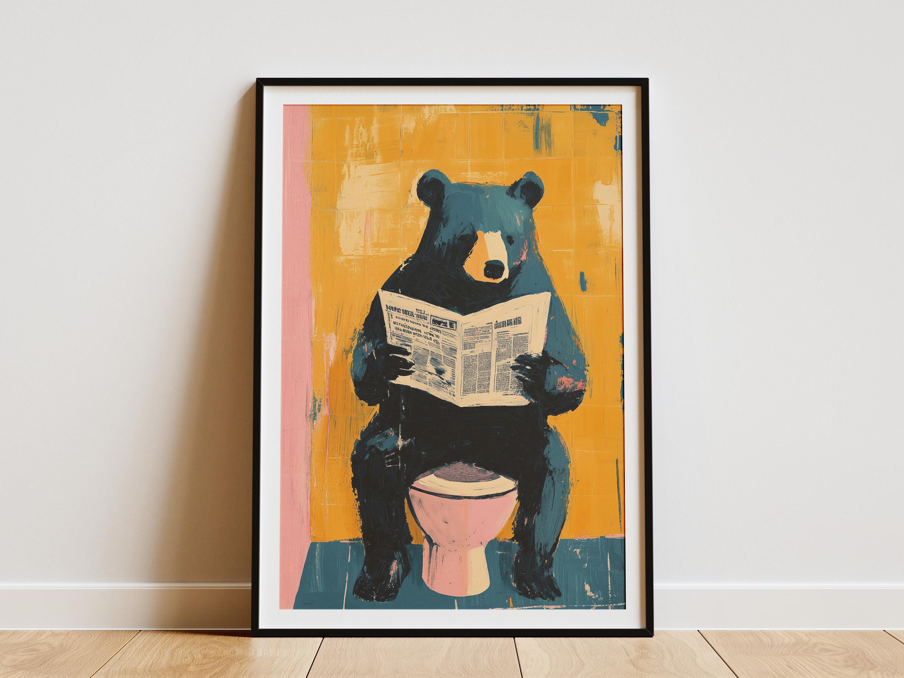 Humorous Bear on Toilet Reading Newspaper Bathroom Art Print Funny ...