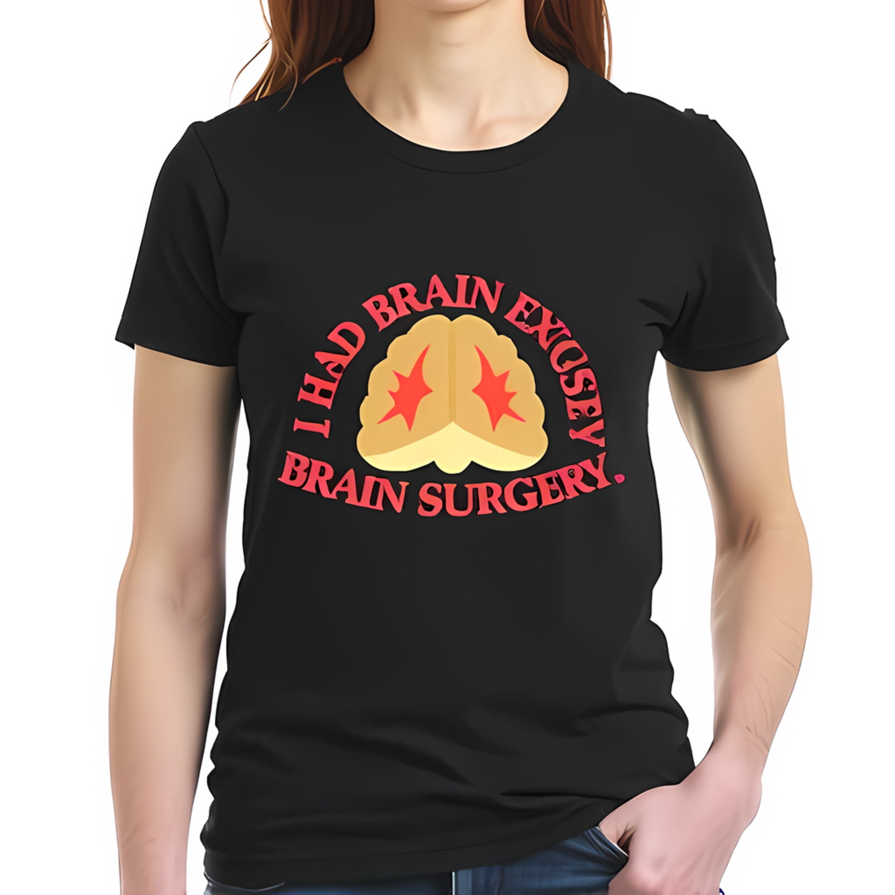 Humorous Black Cotton Short Sleeve T-Shirt with Stylized Brain Graphic ...