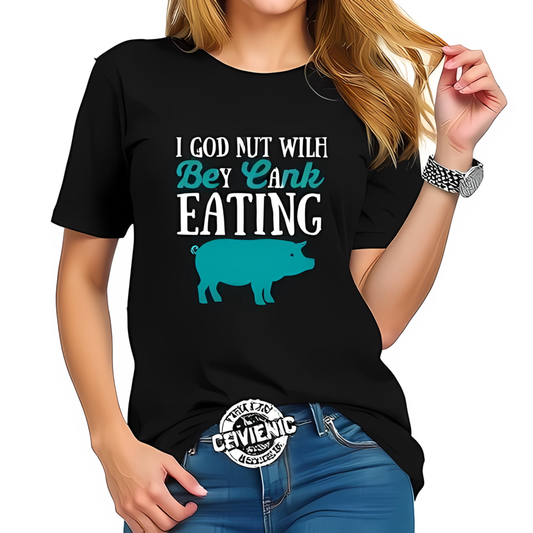 Humorous Black Cotton Short Sleeve T-Shirt with Teal Text " I got nut ...