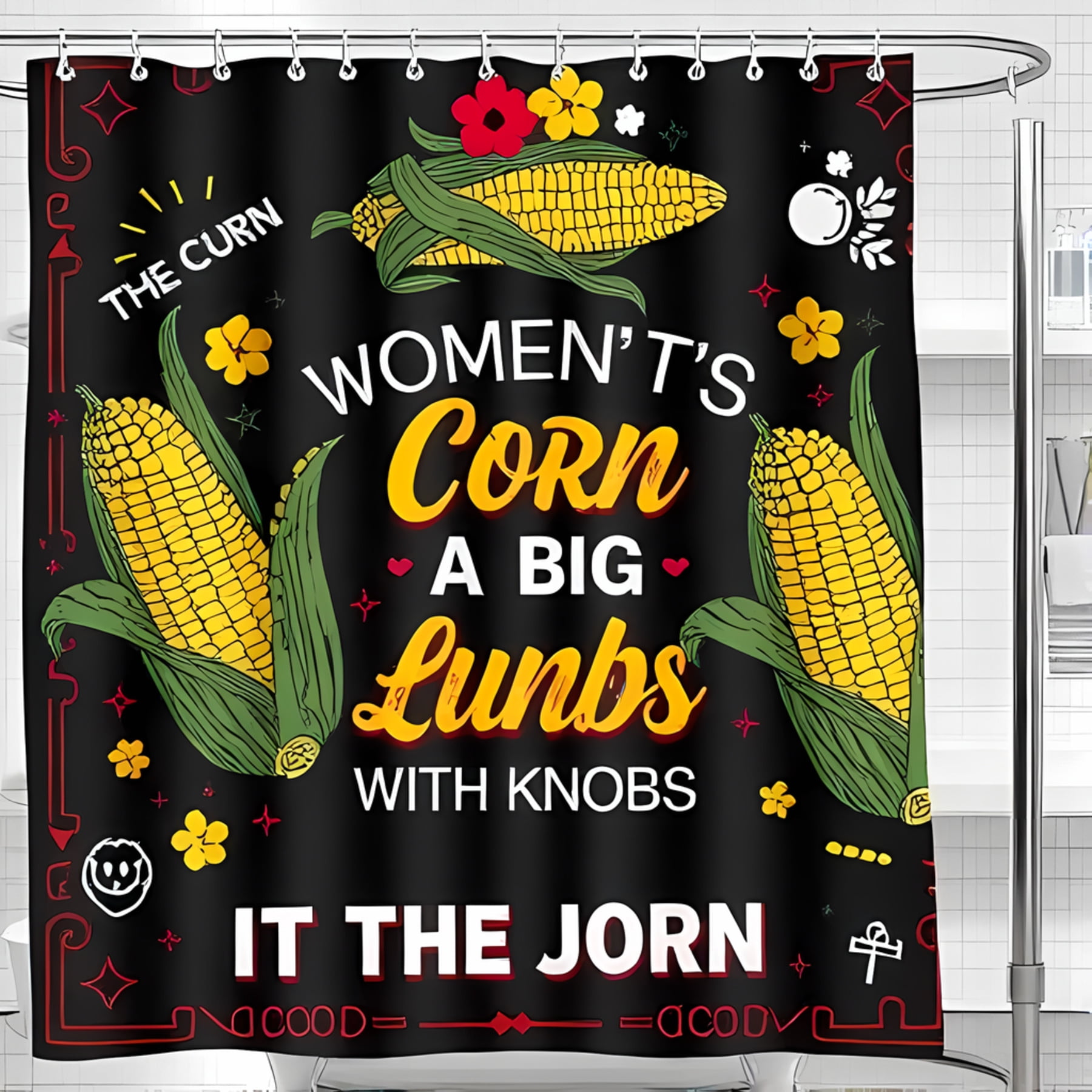 Humorous Black Shower Curtain with Colorful Corn on the Cob Design ...