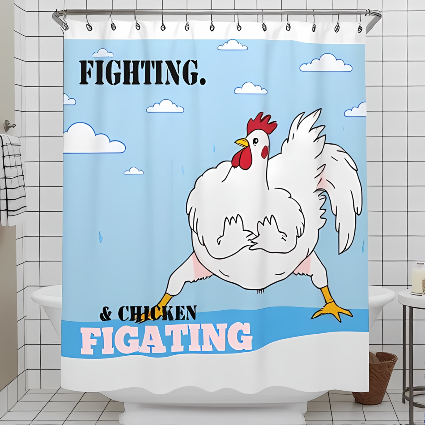 Humorous Cartoon Chicken Shower Curtain - " FIGHTING " & " CHICKEN ...