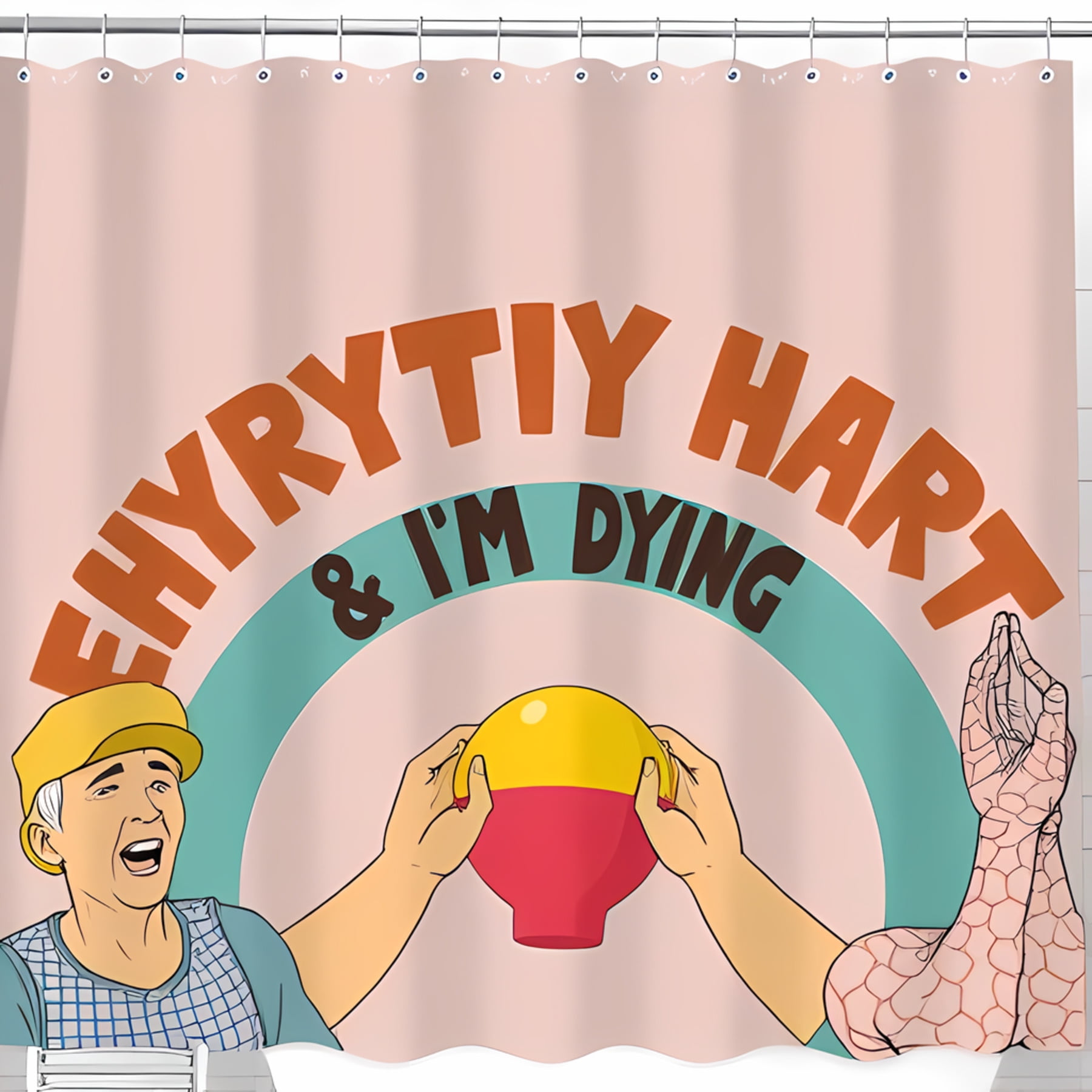 Humorous Cartoon Shower Curtain with Man in Hat Retro Text & Whimsical ...