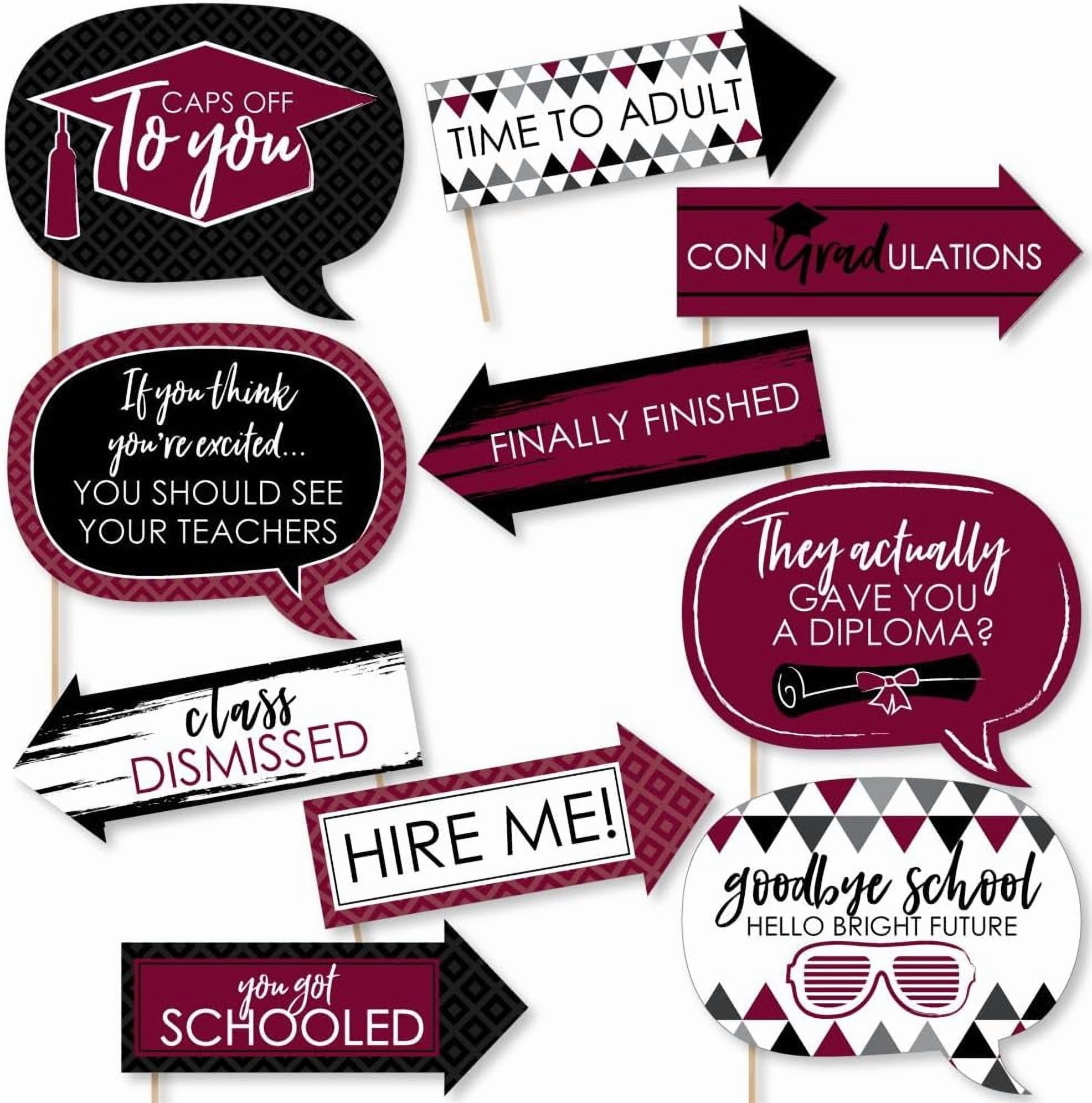 Humorous Maroon Graduation Celebration Photo Booth Accessories Set - 10 ...