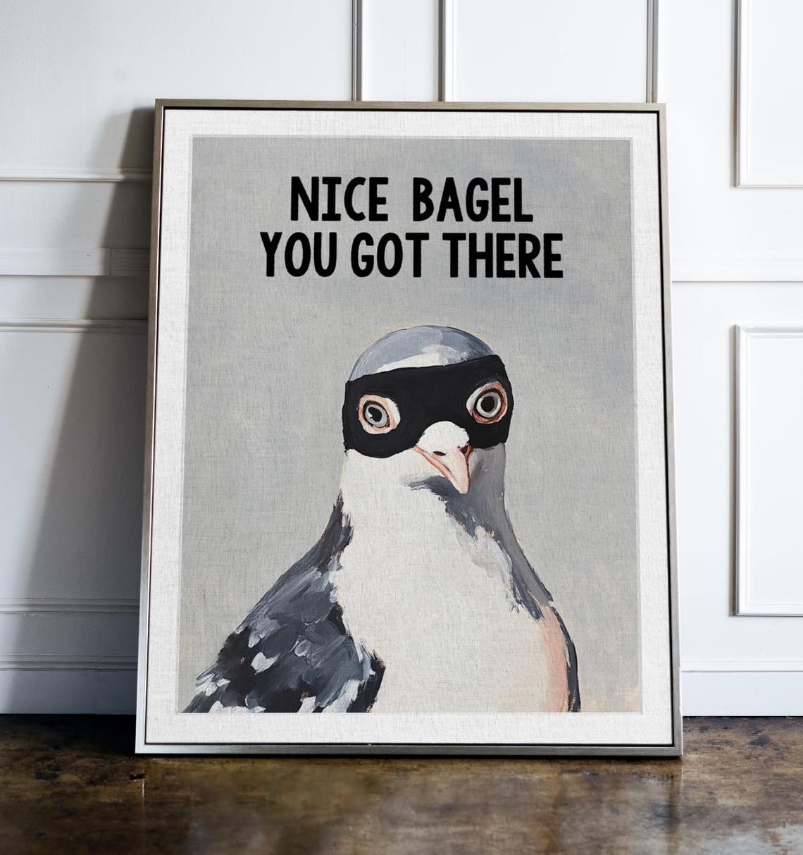 Humorous Pigeon Stealing Bagel Art Print - Quirky Bathroom Decor ...