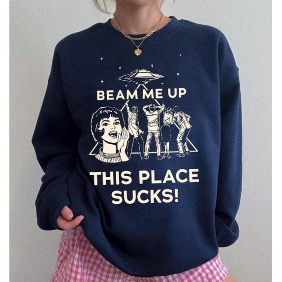 Humorous Retro Navy Blue UFO Abduction Scene Graphic Sweatshirt for ...
