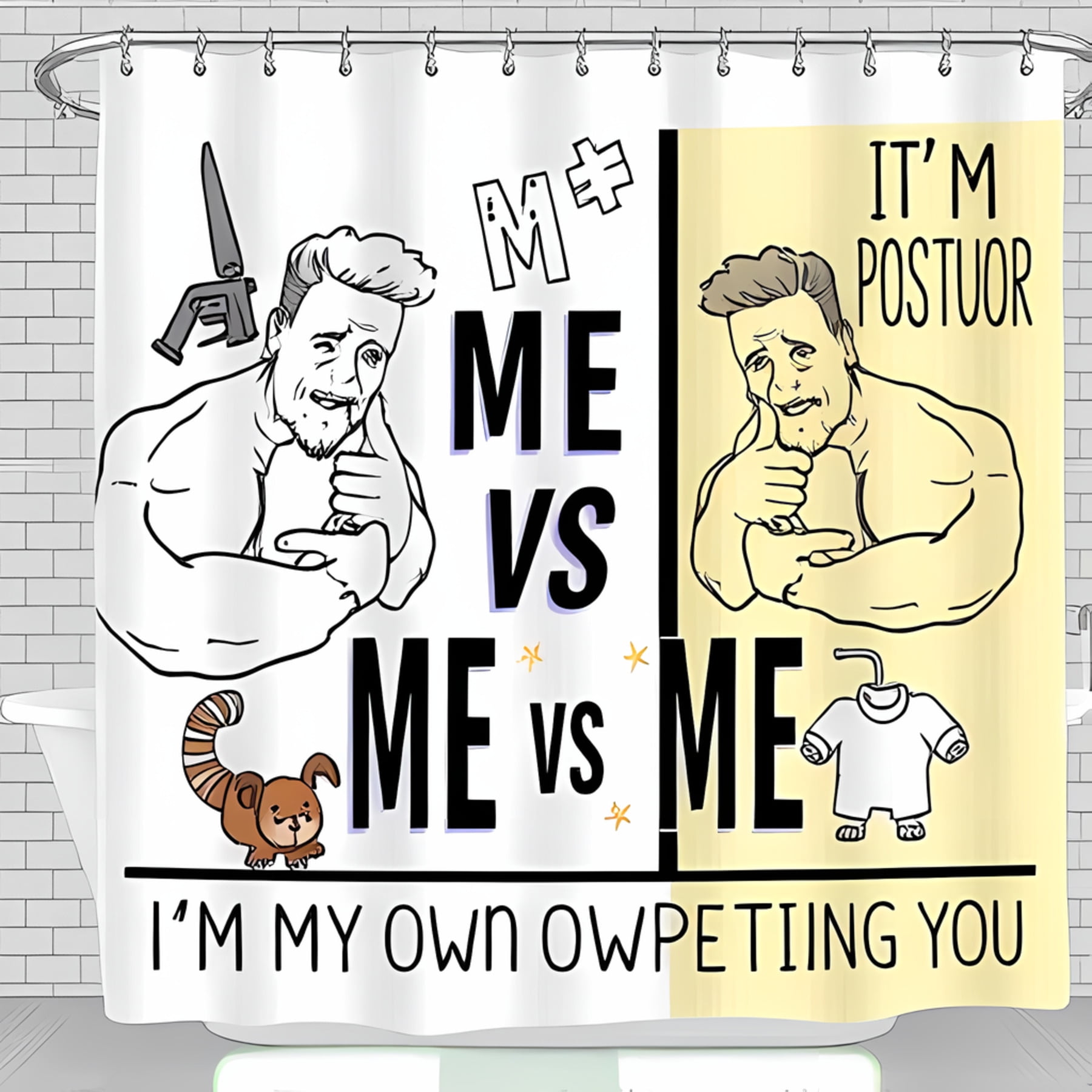 Humorous Shower Curtain - " Me vs Me " Design with Cartoon Muscular Man ...