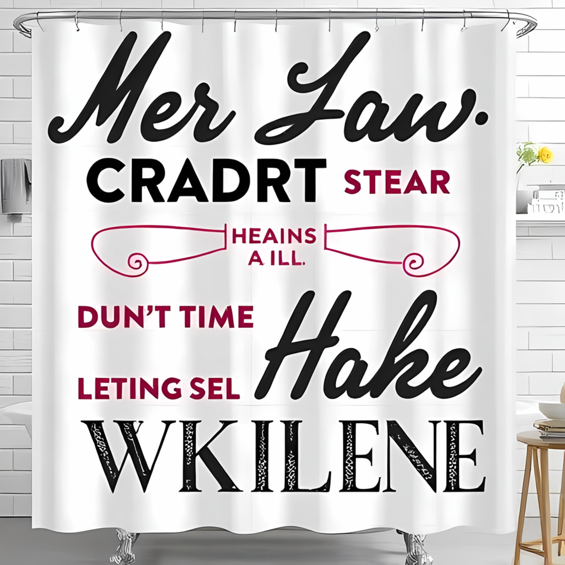 Humorous Shower Curtain with Misspelled Words & Whimsical Utensil ...