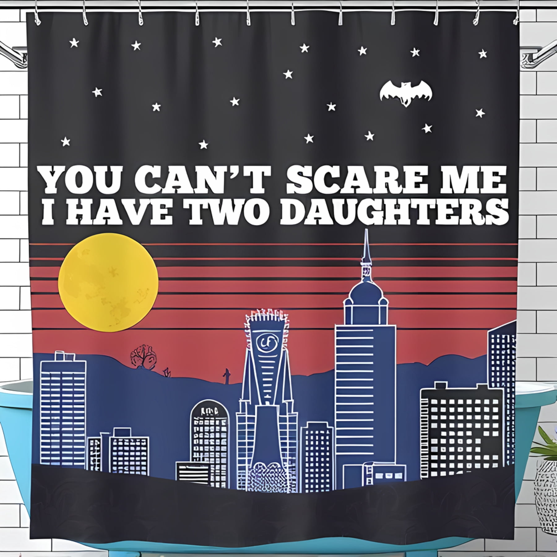 Humorous Shower Curtain with Retro Cityscape and Bold Text: " YOU CAN'T ...