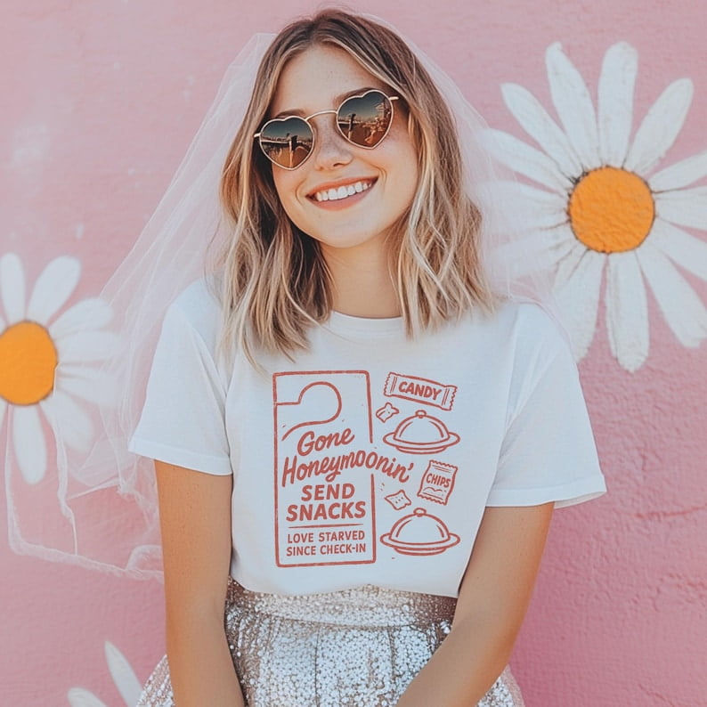 Humorous Snack Lover Tee Gone Honeymoonin’ Send Snacks Funny Newlyweds ...
