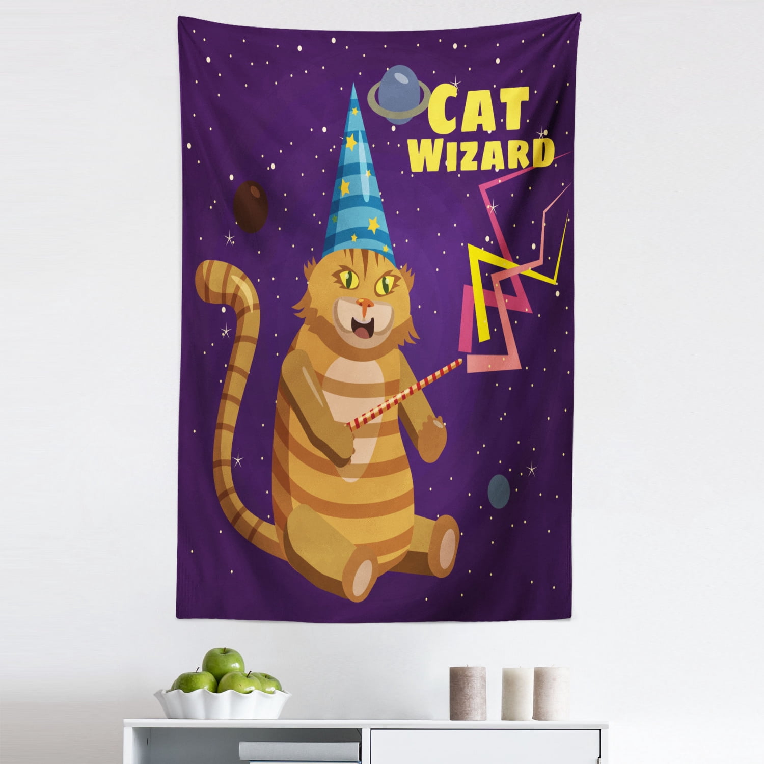 Humorous Tapestry, Cat Wizard Funny Cartoon Cat Character with Magician Hat in Outer Space ...