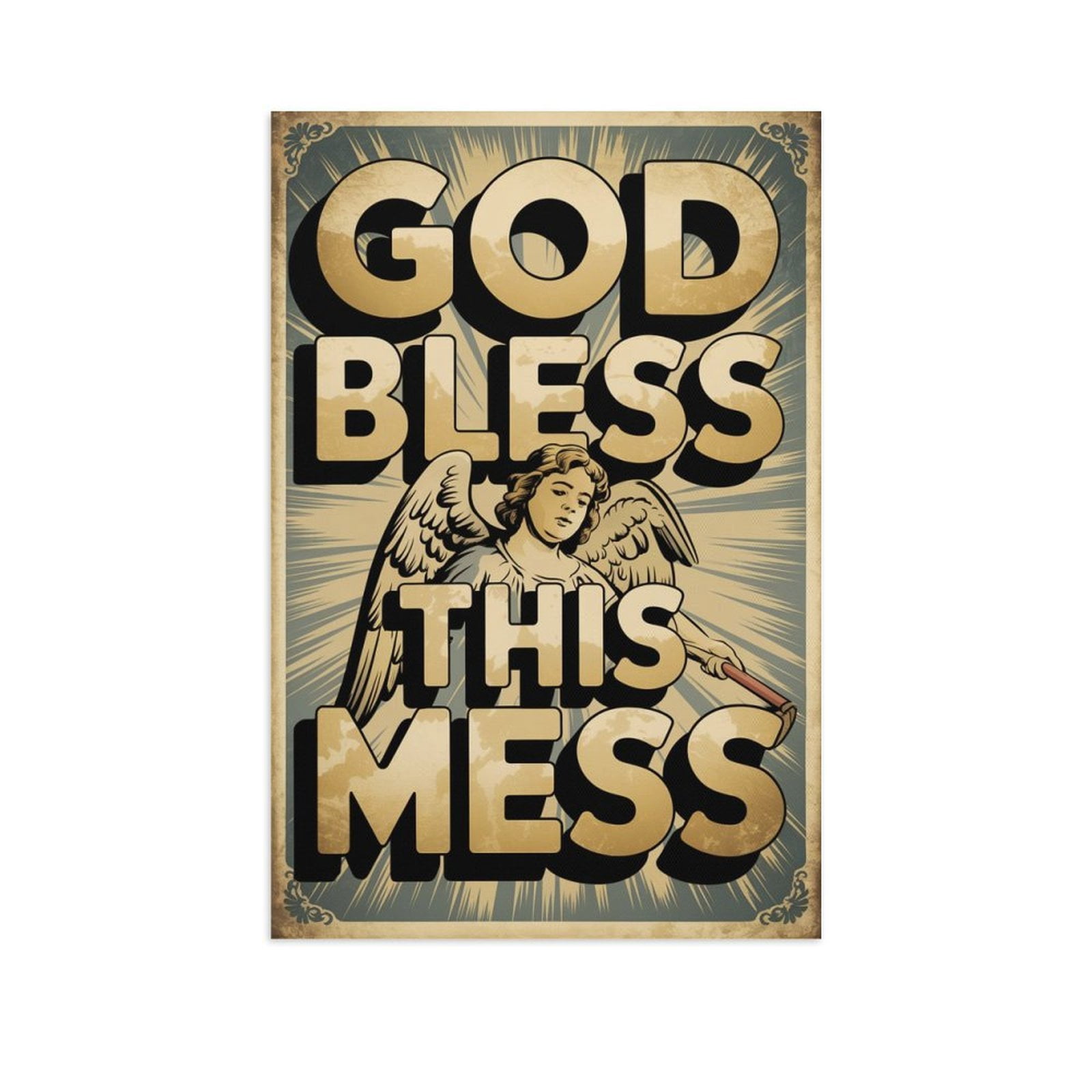 Humorous Vintage Wall Art God Bless This Mess Angel Plunger Bathroom ...