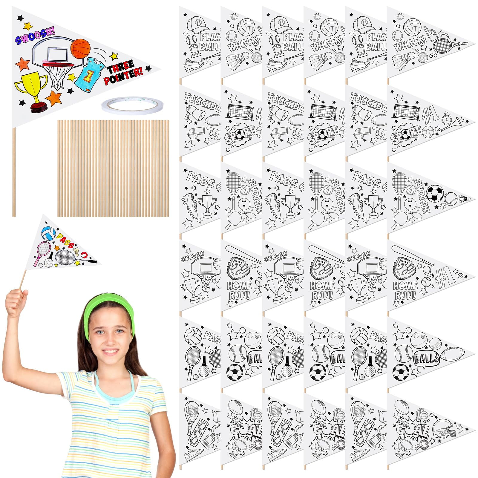 Humyoun 36 Packs Sports Flag Crafts Sports Party Favor Color Your Own ...