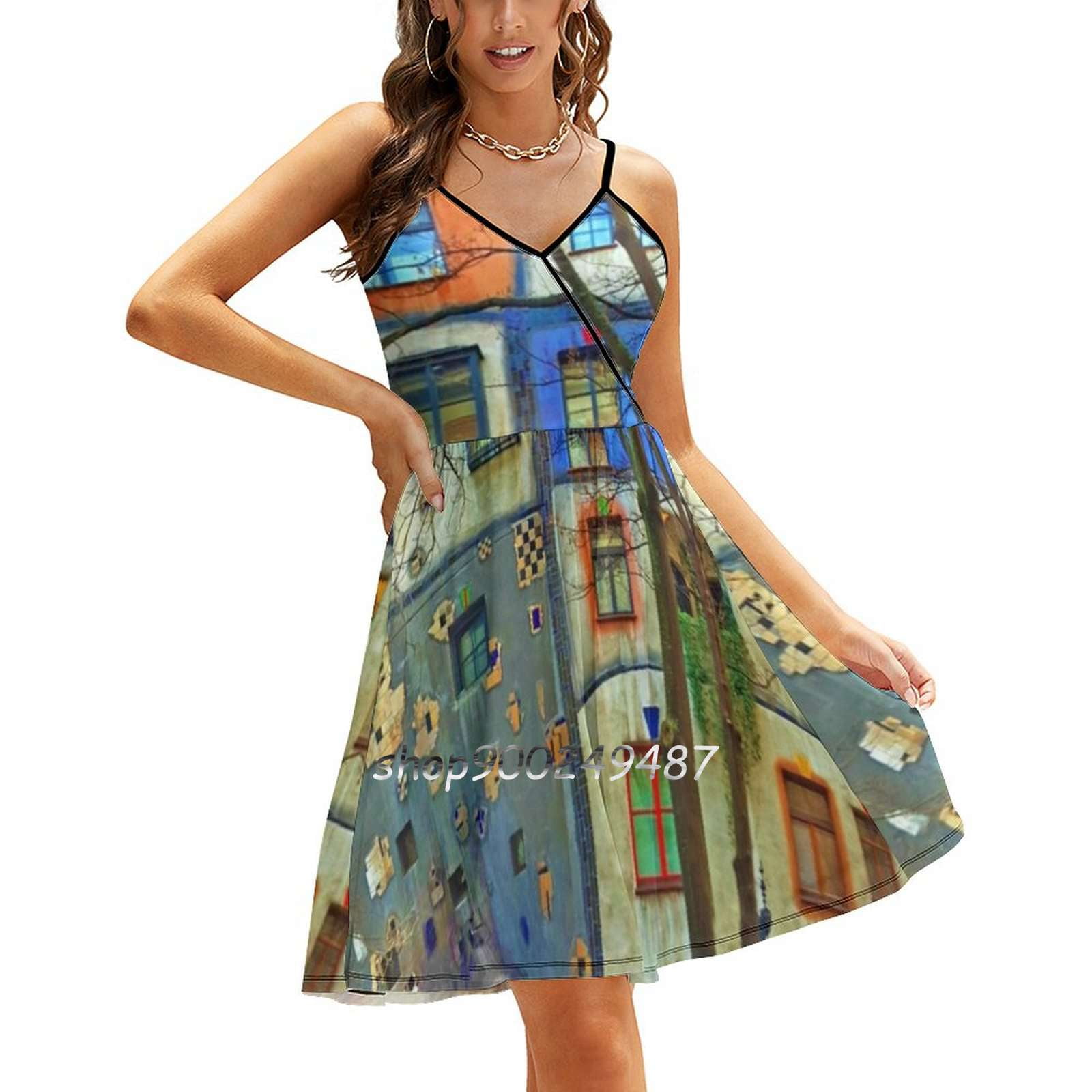 Hundertwasser House Vienna Square Neck Dress Cute Loose Print Dresses Elegant Beach Party Dress ...