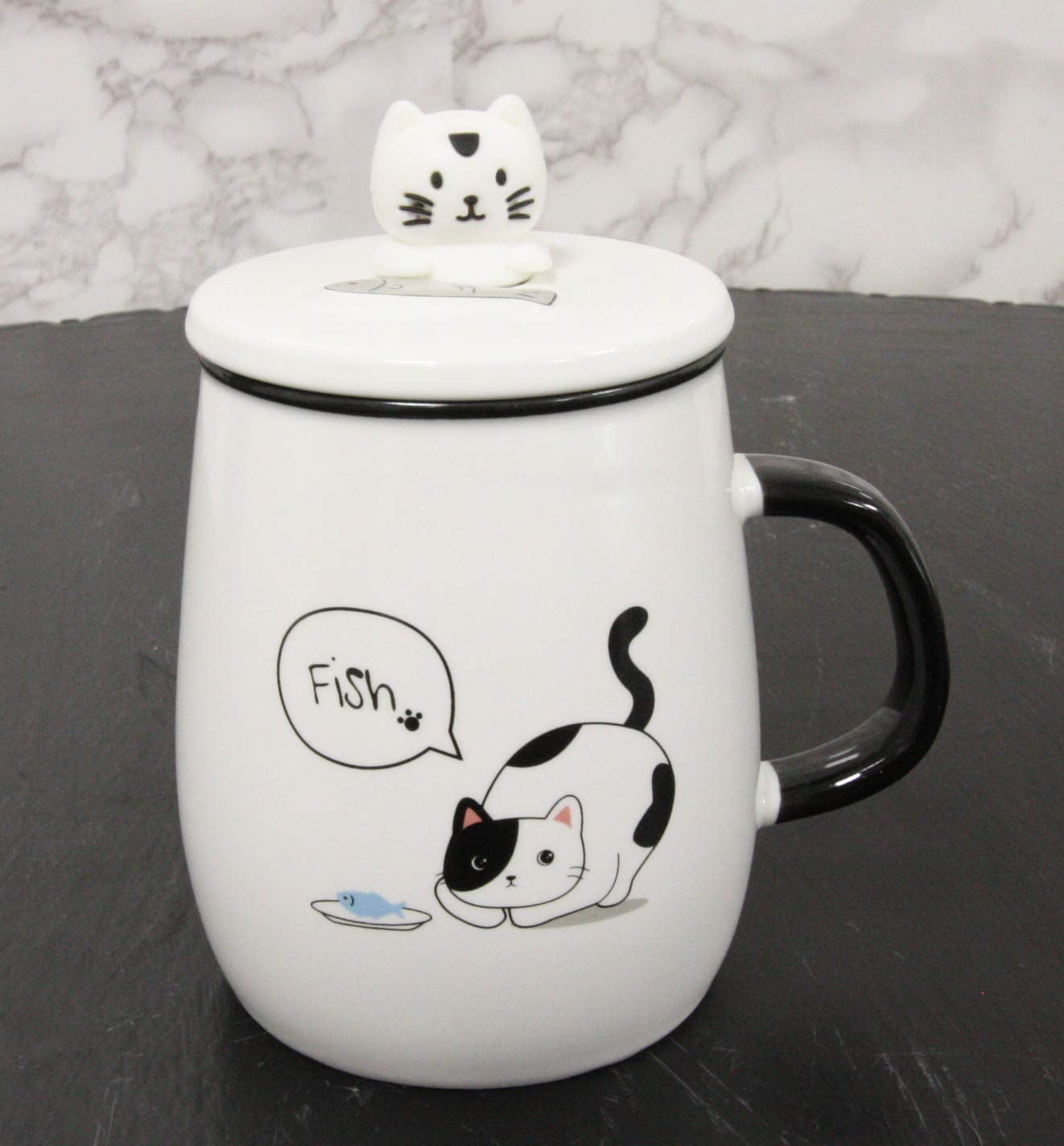 Hungry Calico Cat With Fish Porcelain Coffee Tea Mug Cup With Spoon And ...