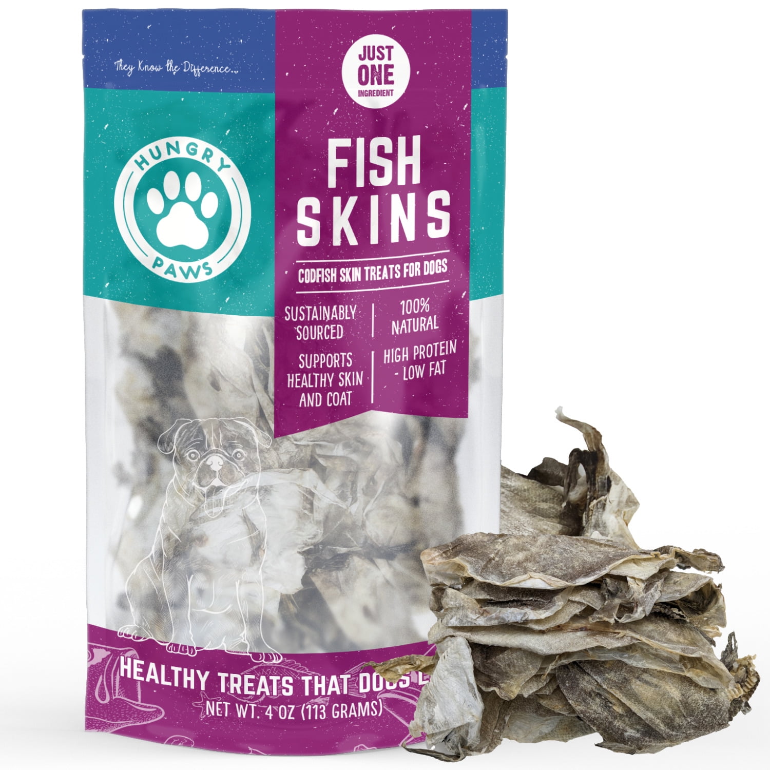 Hungry Paws Fish Skins - Dried Cod Skin Dog Treat Flats - 4 Ounces ...