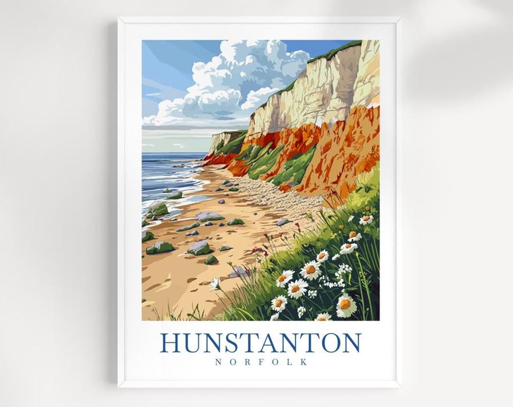 Hunstanton England Travel Print Wall Art – Illustrated Seaside Cliffs ...
