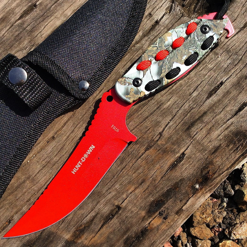 Hunt-Down 8' Red Hunting Knife With Woodland Camo Handle and Black Red ...