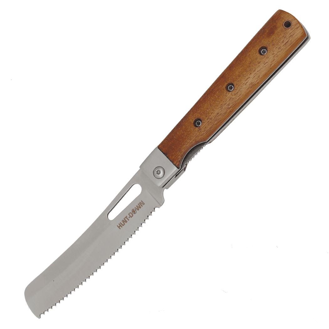 Hunt-Down 9"" Serrated Blade Liner Lock Stainless Wood Handle Steel ...