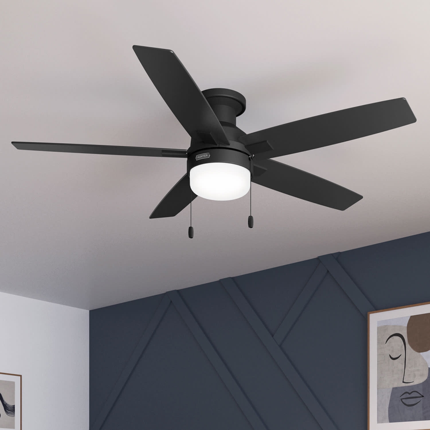 Hunter - Anisten Indoor Low Profile Ceiling Fan With Light, 52-inch, Matte Black, Modern-style ...