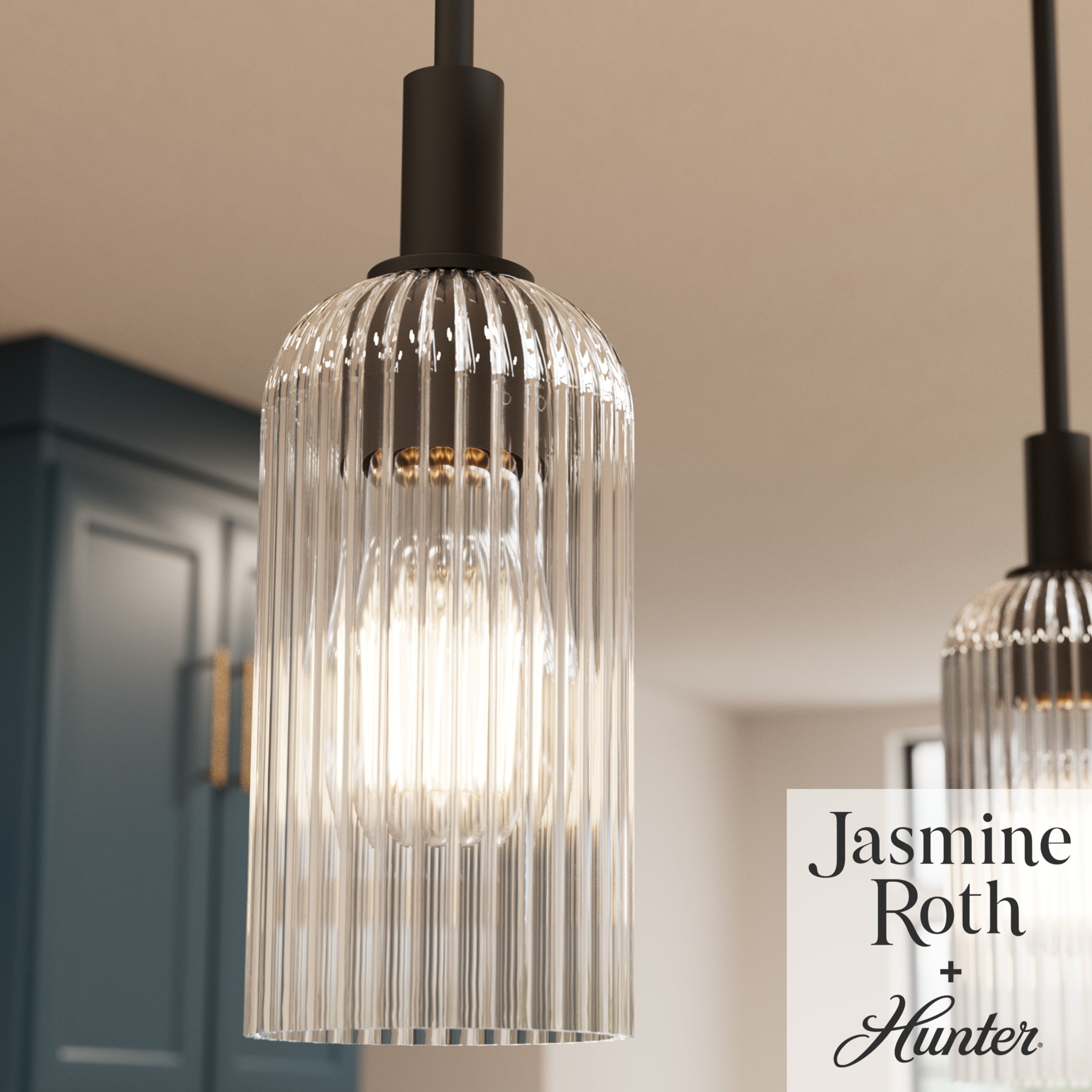 Hunter Beverly Glen Matte Black Pendant - Ribbed Glass Light Fixture ...