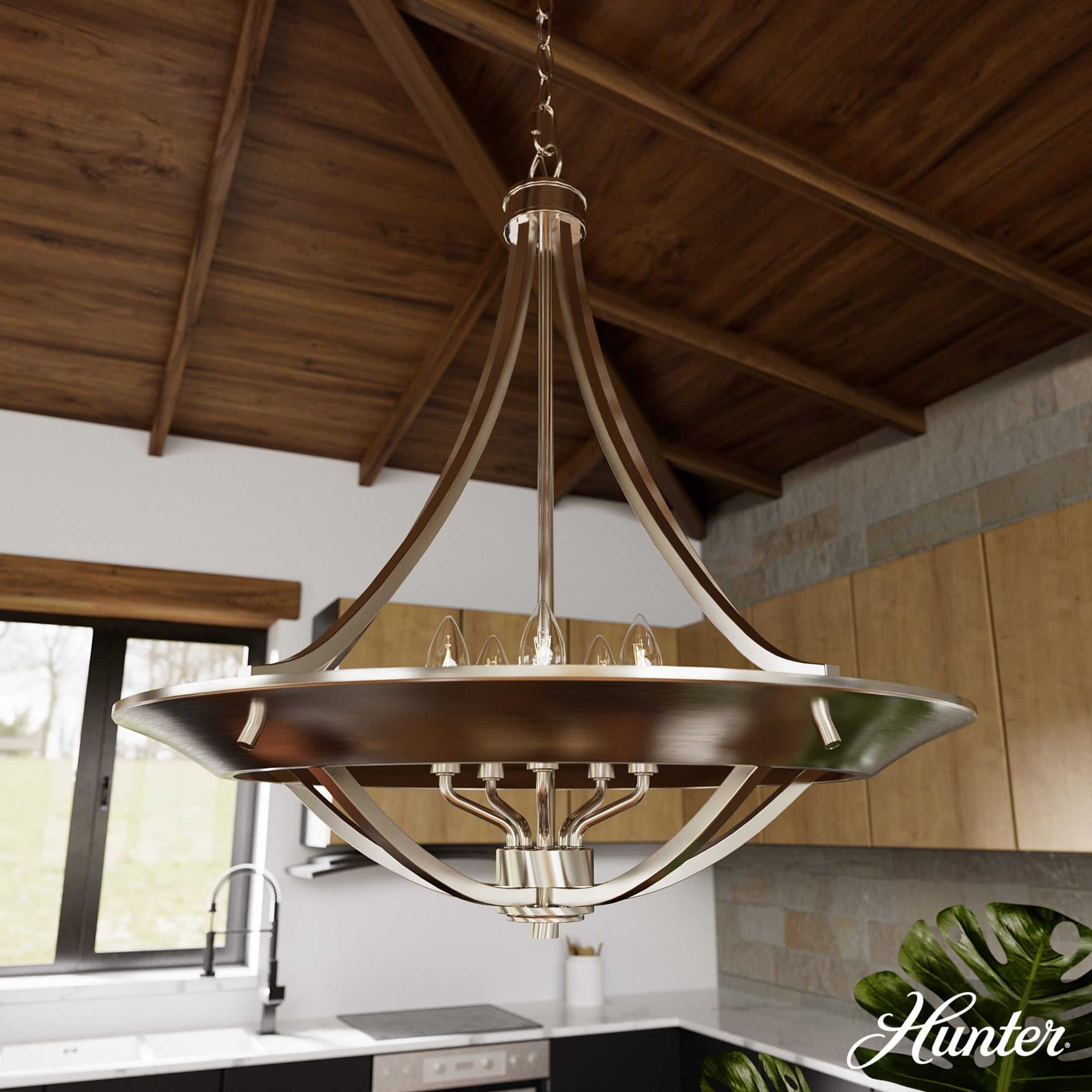 Hunter - Perch Point 4-light Brushed Nickel, Large Pendant Light ...