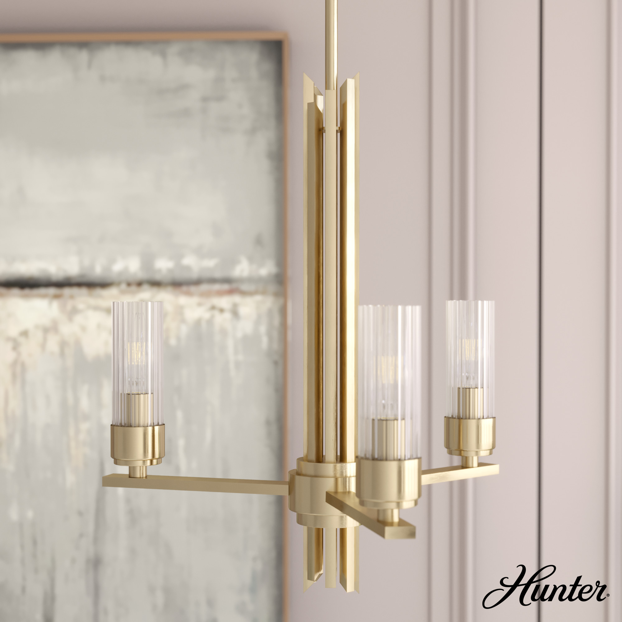 Hunter Gatz Alturas Gold with Ribbed Glass 3 Light Chandelier Ceiling ...