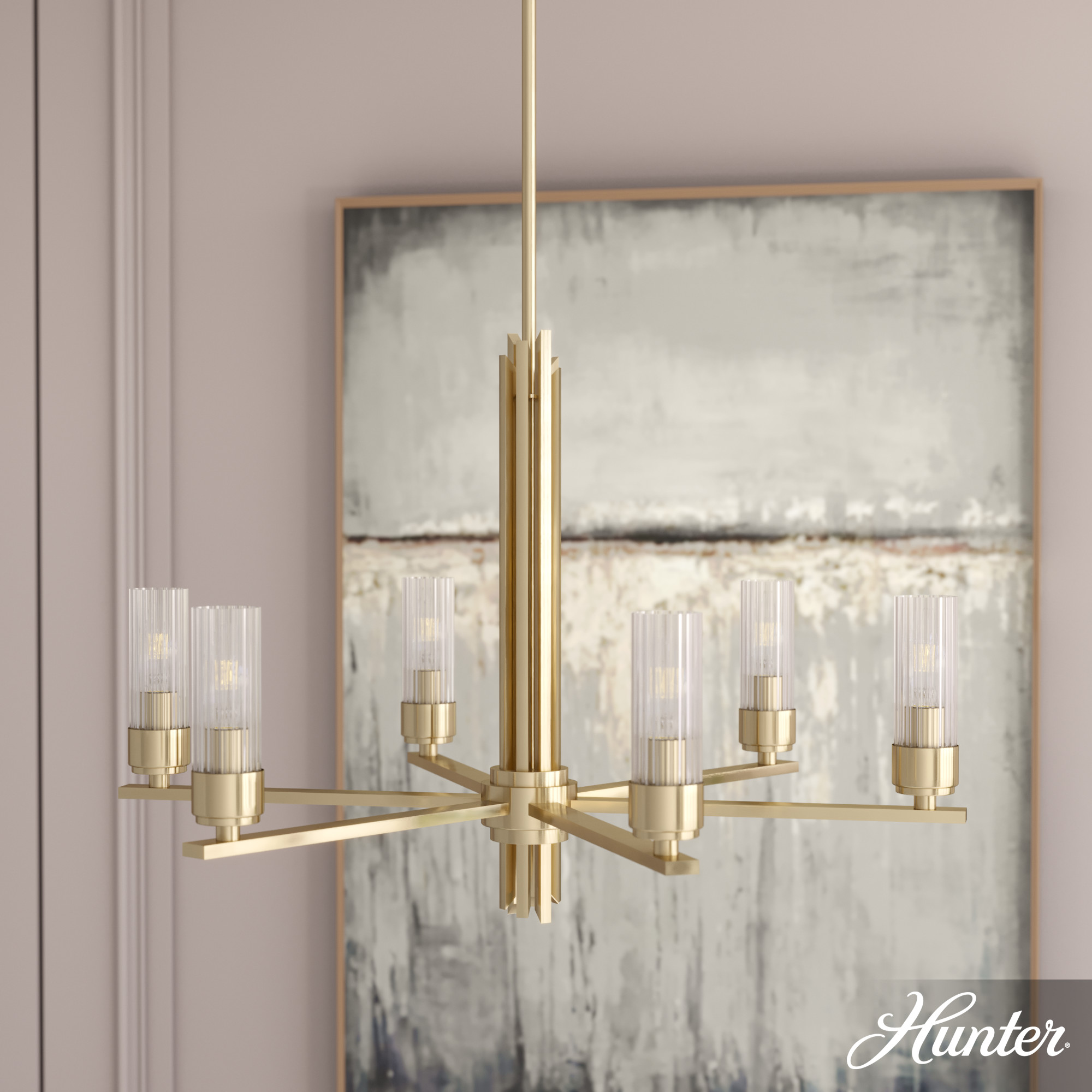 Hunter Gatz Alturas Gold with Ribbed Glass 6 Light Chandelier Ceiling ...
