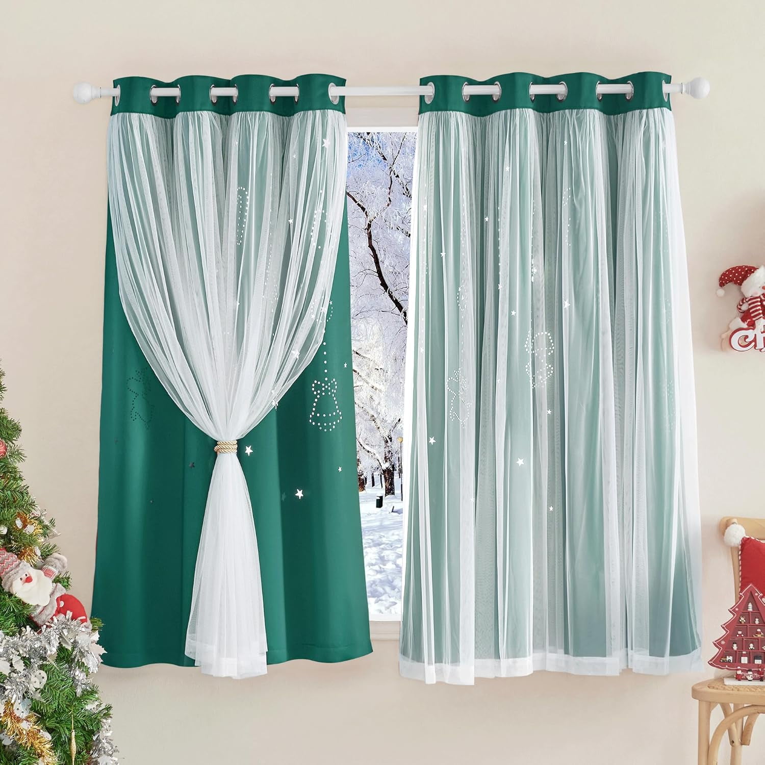 Hunter Green Double Layer Curtains with Sheer Overlay - 84 Inches Long ...