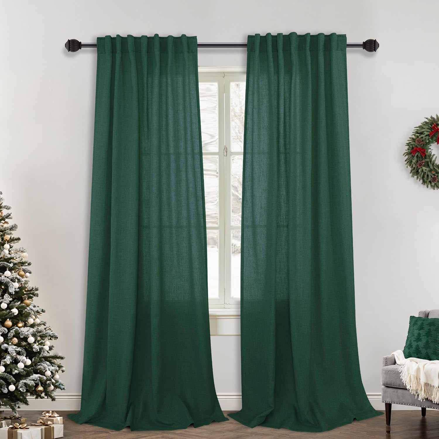 Hunter Green Faux Linen Curtains, 96 Inch Rod Pocket Semi Sheer Drapes ...