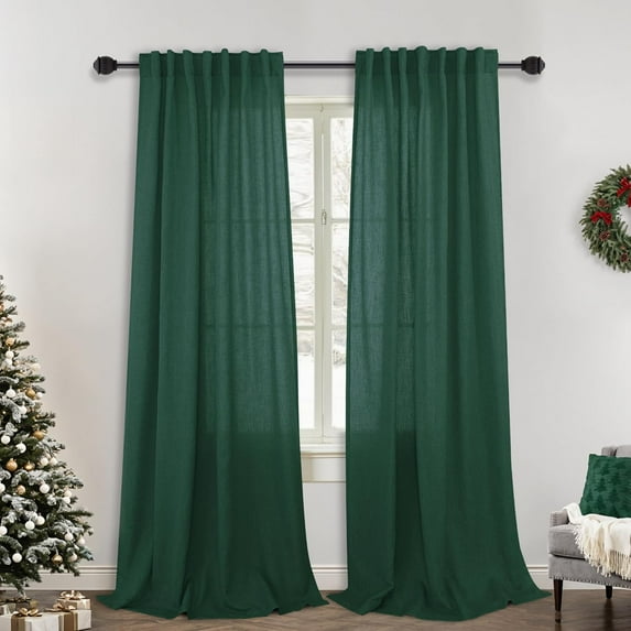 Hunter Green Faux Linen Curtains, 96 Inch Rod Pocket Semi Sheer Drapes ...