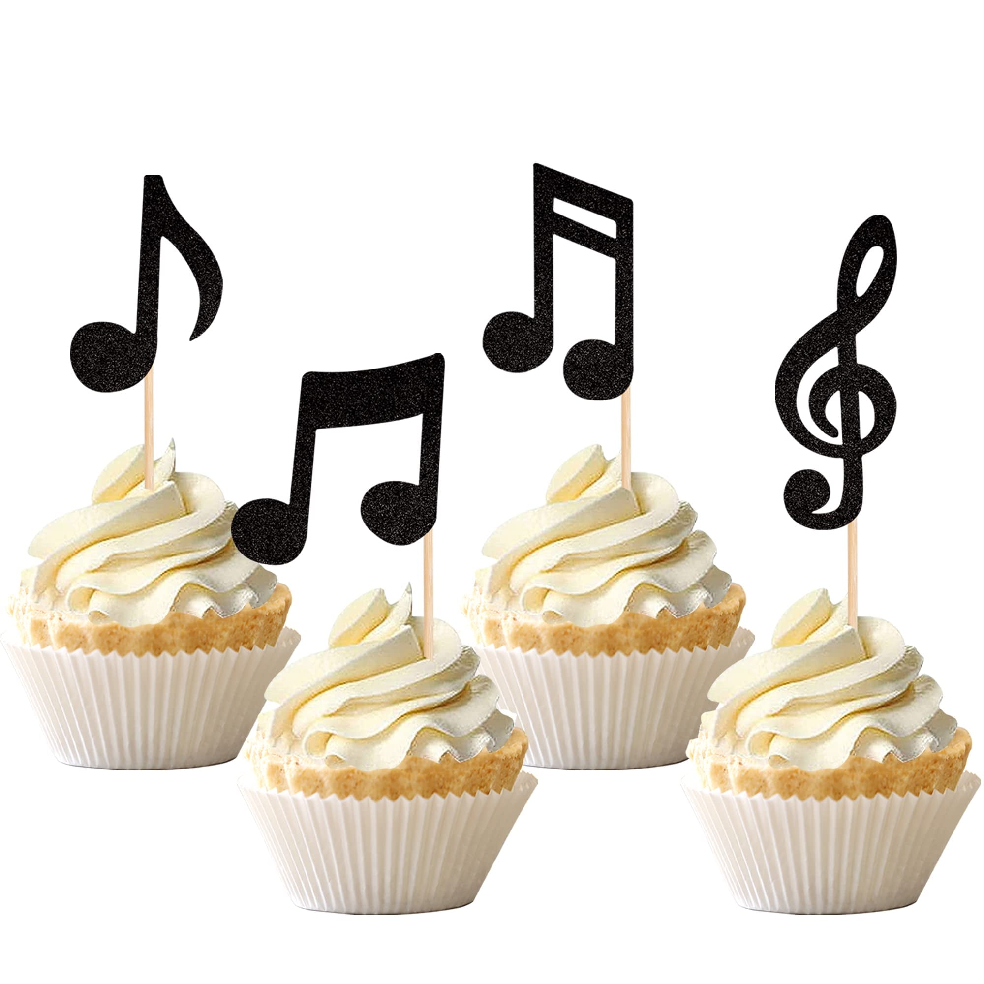 24 PCS Music FEV6 Notes Cupcake Toppers Black Glitter Musical Symbol ...