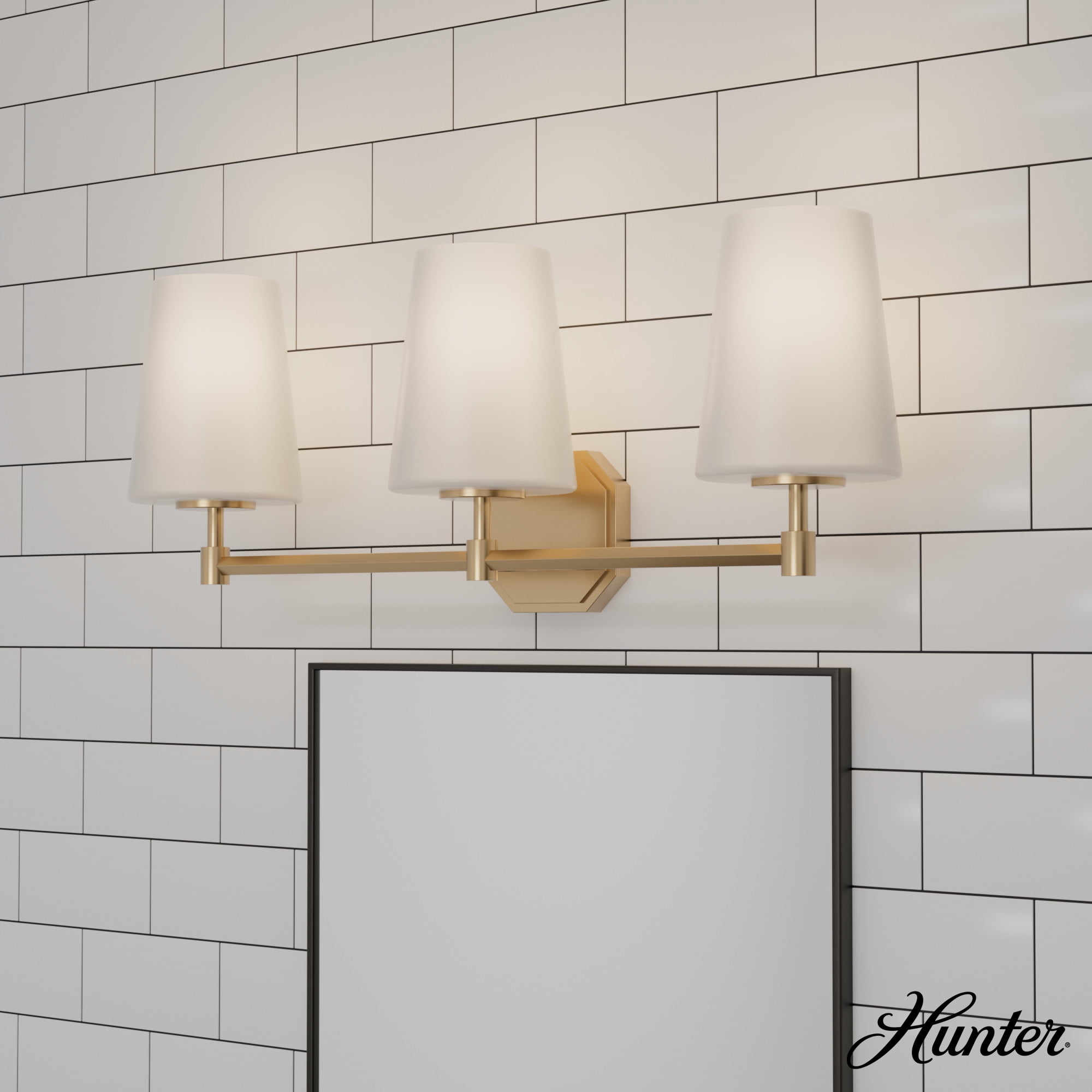Hunter Nolita Alturas Gold with Cased White Glass 3 Light Vanity Wall ...