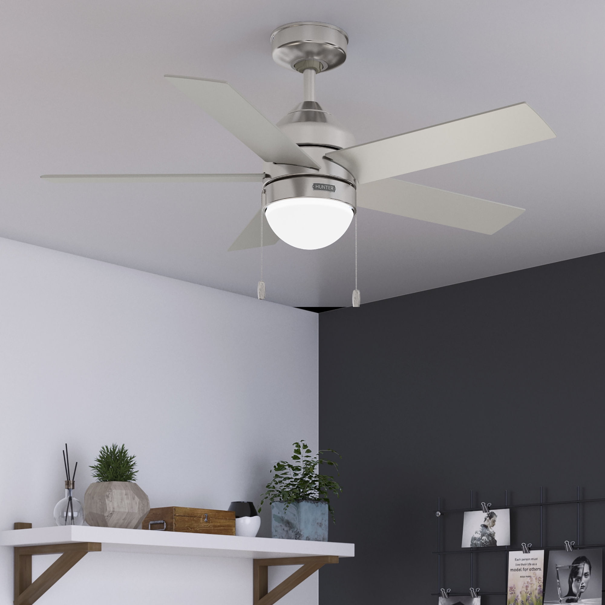 Hunter - Rogers Indoor Ceiling Fan With Light, 44-inch, Brushed Nickel ...