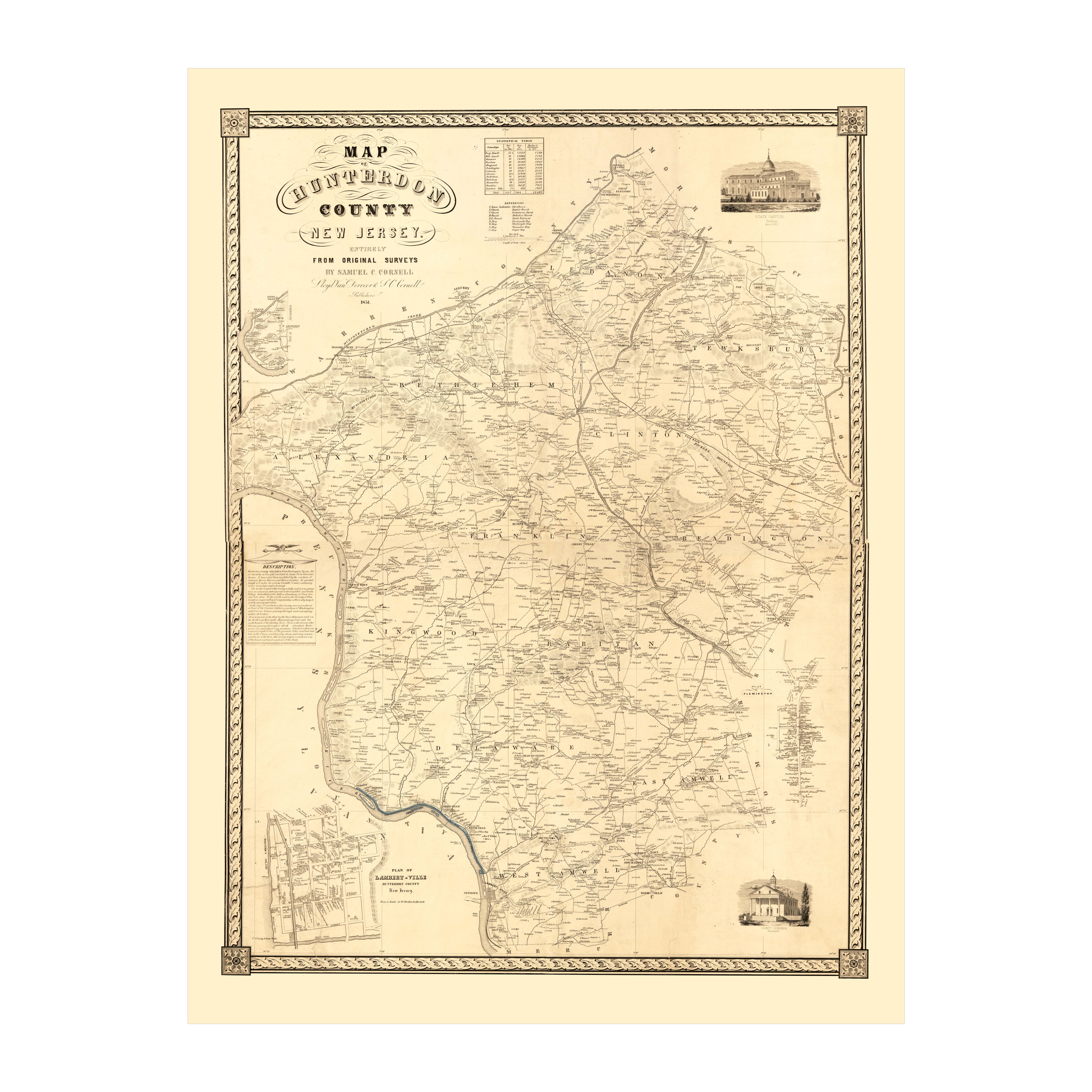 Hunterdon County New Jersey Art, 1851 Vintage Map of Hunterdon County ...